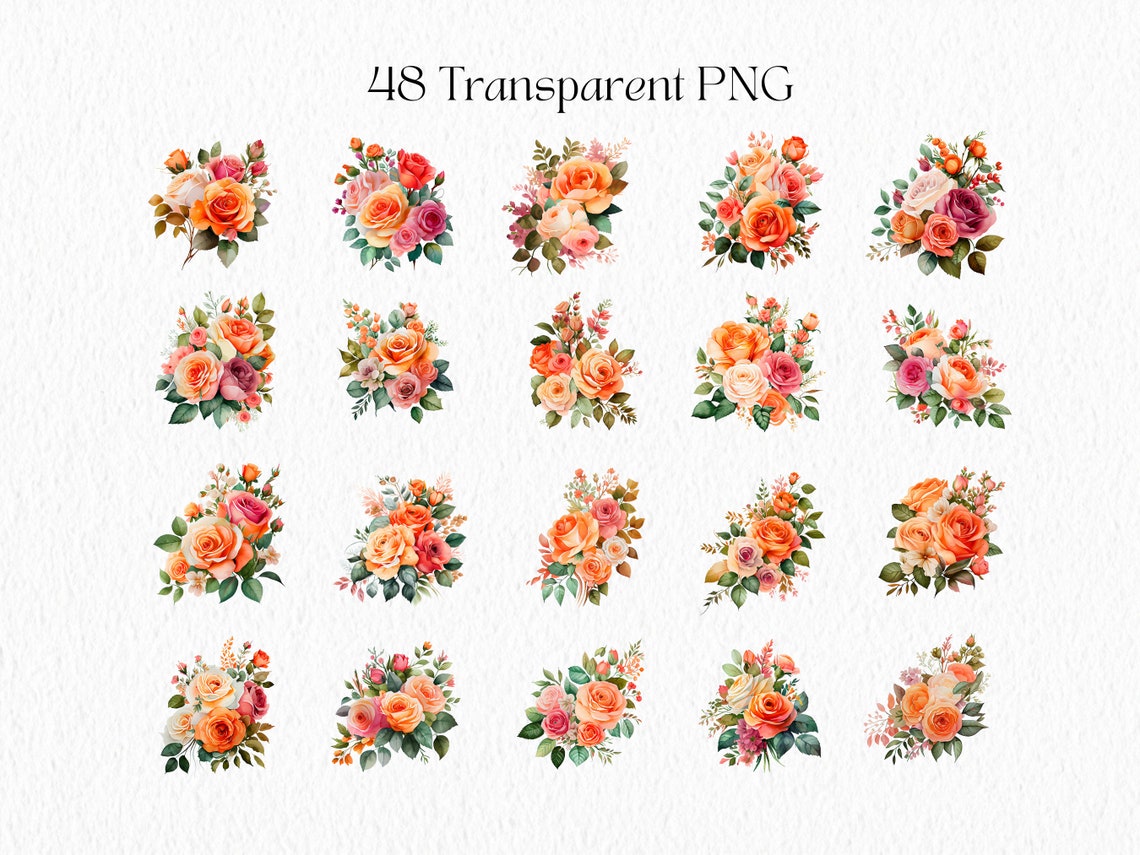 Watercolor Flower Clipart: Orange & Pink Floral PNG Bundle (commercial ...
