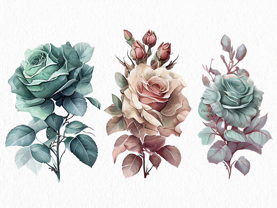 Blue & Green Watercolor Flower Clipart Bundle (PNG) - Etsy