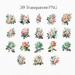 Watercolor Flower Clipart: Pink & Mint Green Floral PNG Bundle ...
