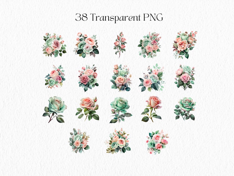 Watercolor Flower Clipart, Pink and Mint Green Flowers Bundle ...