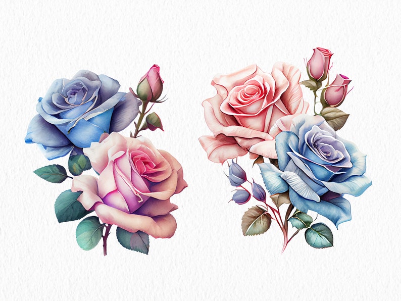 Watercolor Flower Clipart, Petal Pink and Blue Flowers Bundle ...