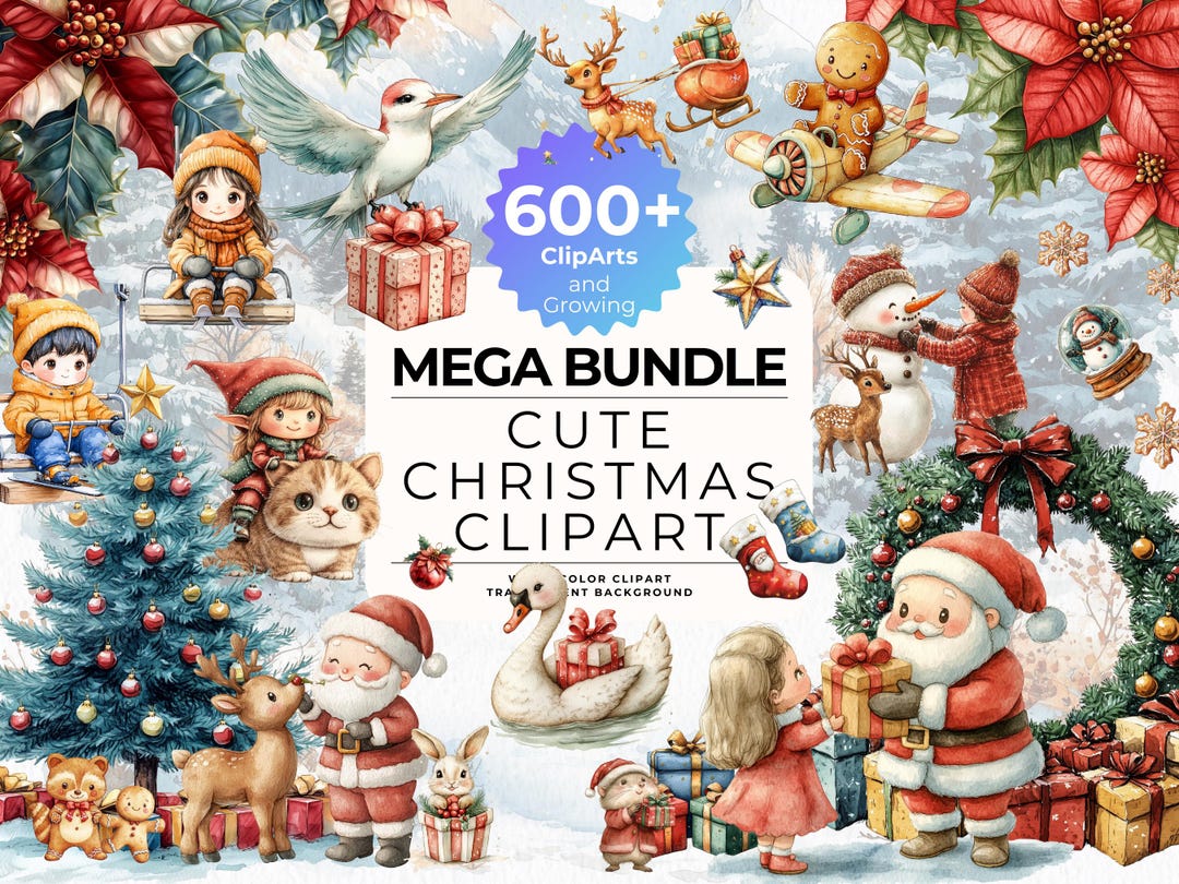 MEGABUNDLE Cute Christmas Watercolor Clipart, PNG, Cute Christmas ...