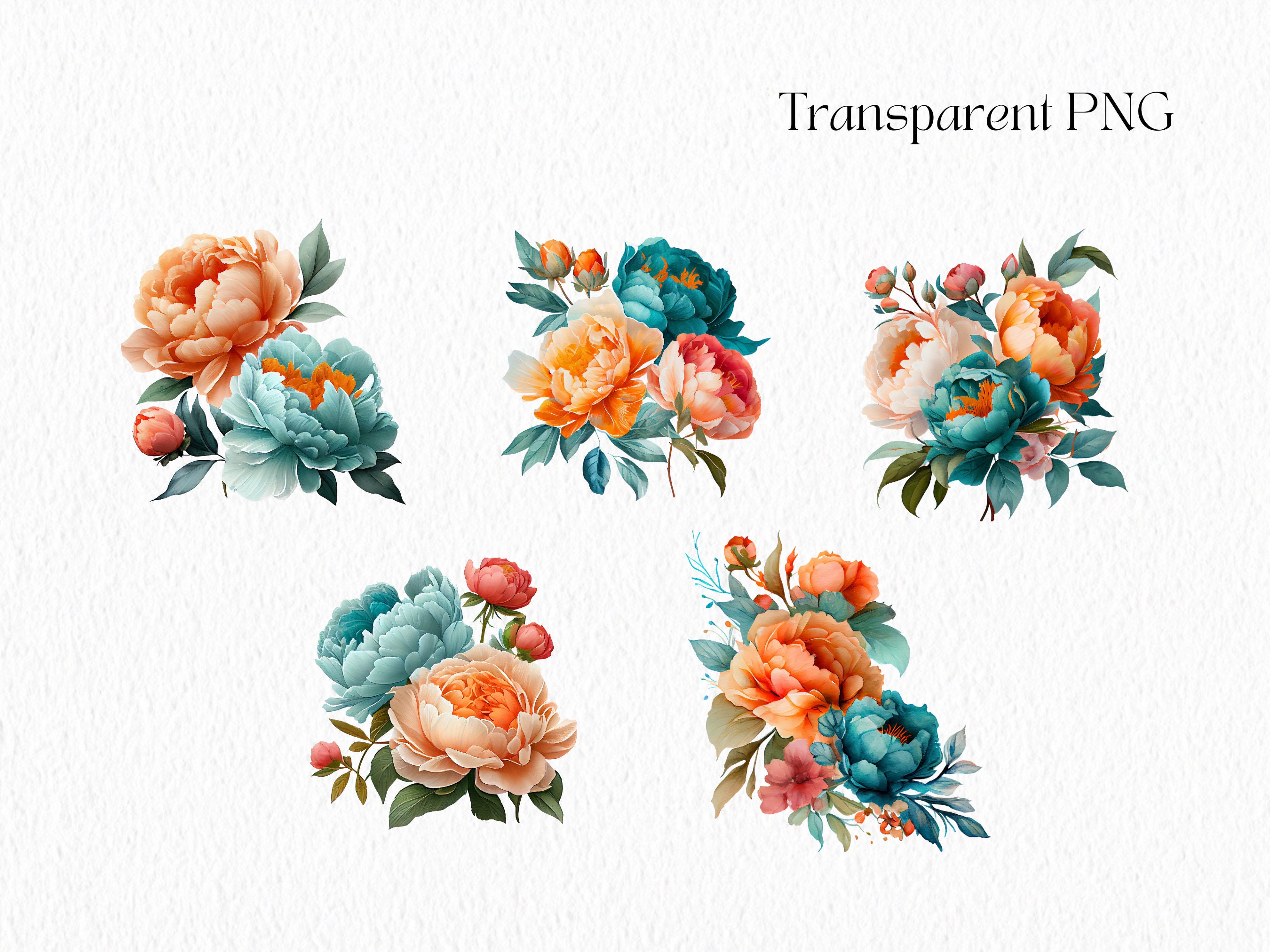 Watercolor Flower Clipart: Turquoise & Orange Floral PNG Bundle ...