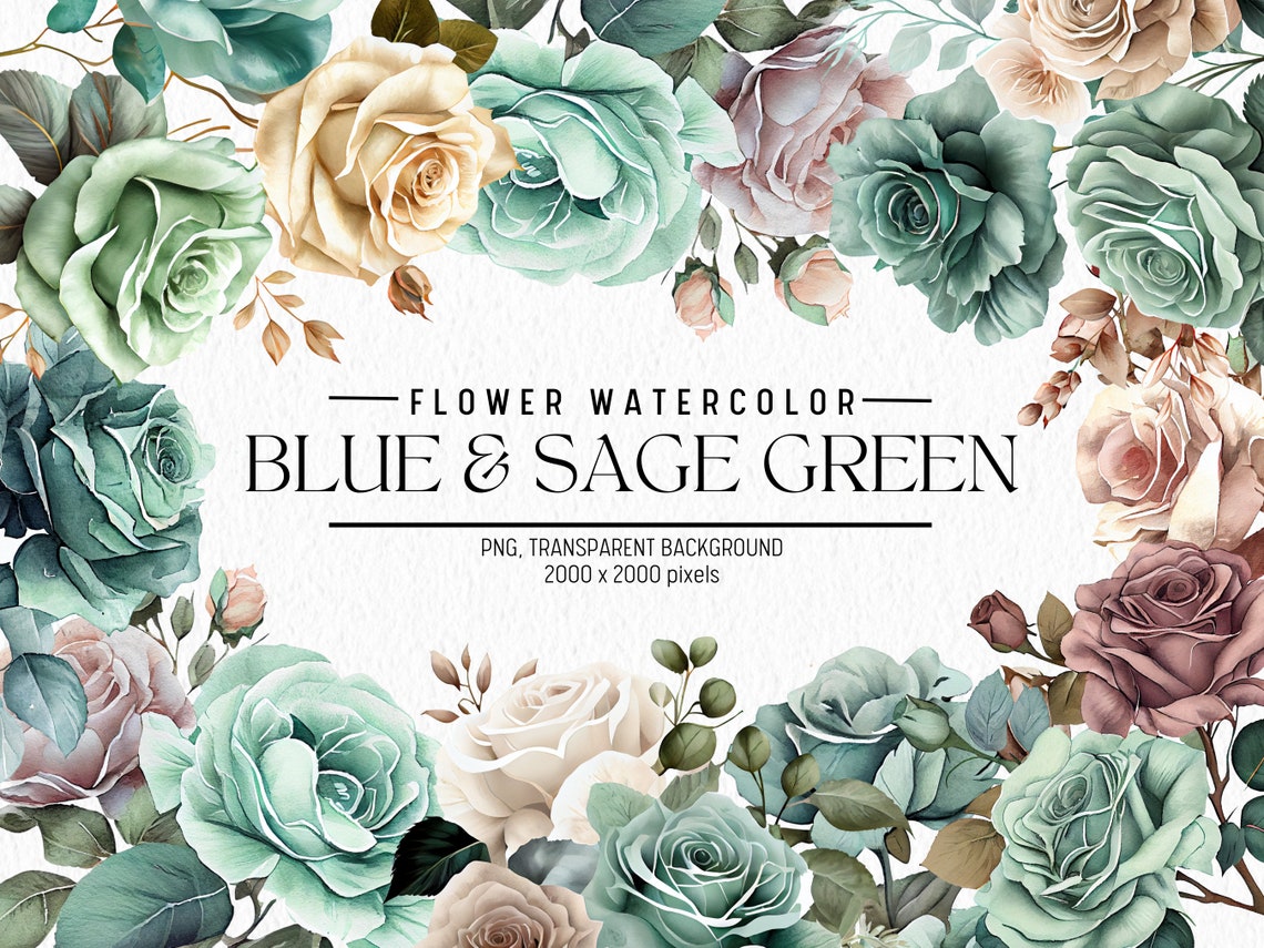 Blue & Green Watercolor Flower Clipart Bundle (PNG) - Etsy