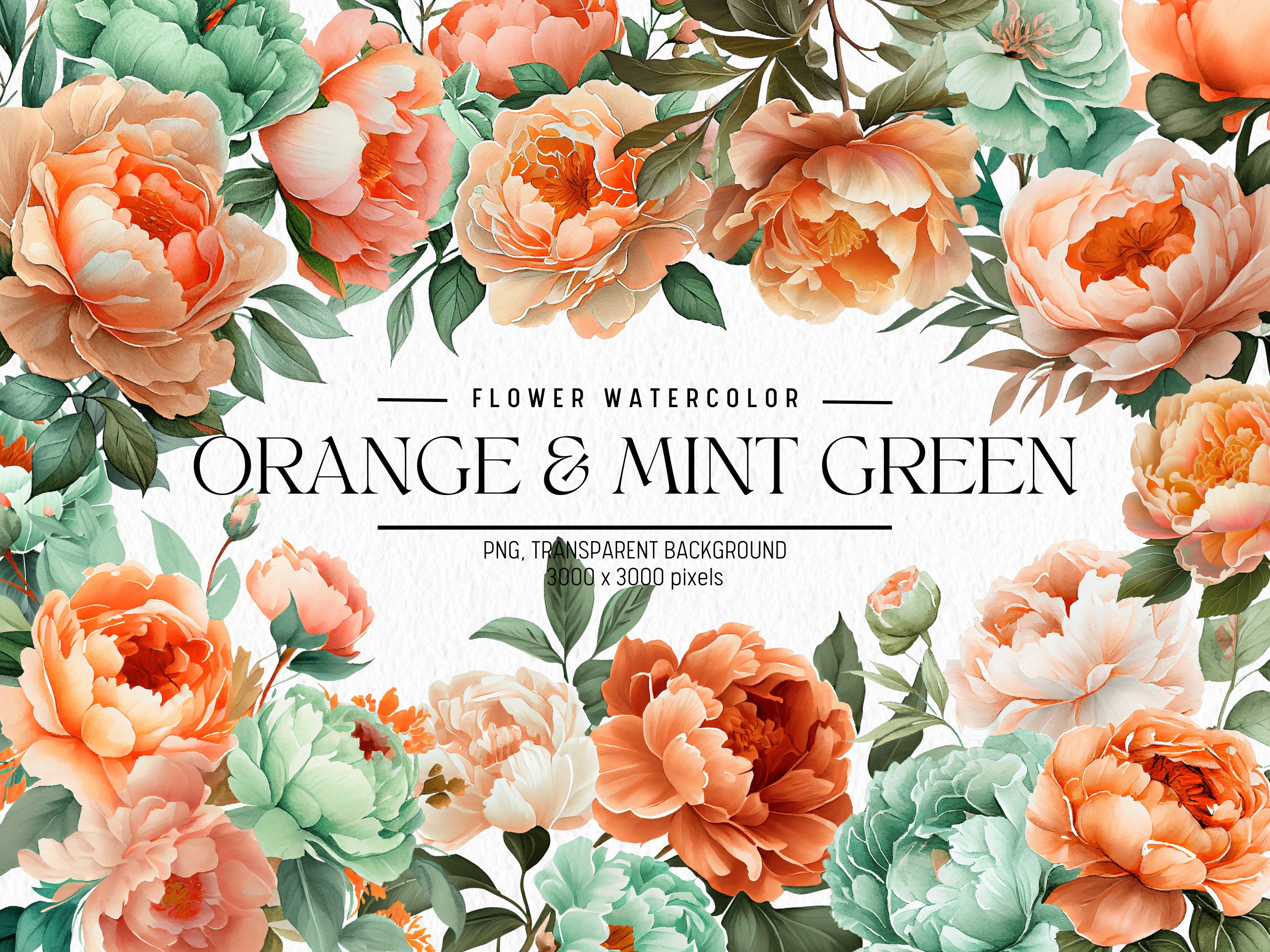 Watercolor Flower Clipart, Orange and Mint Green Flowers Bundle ...