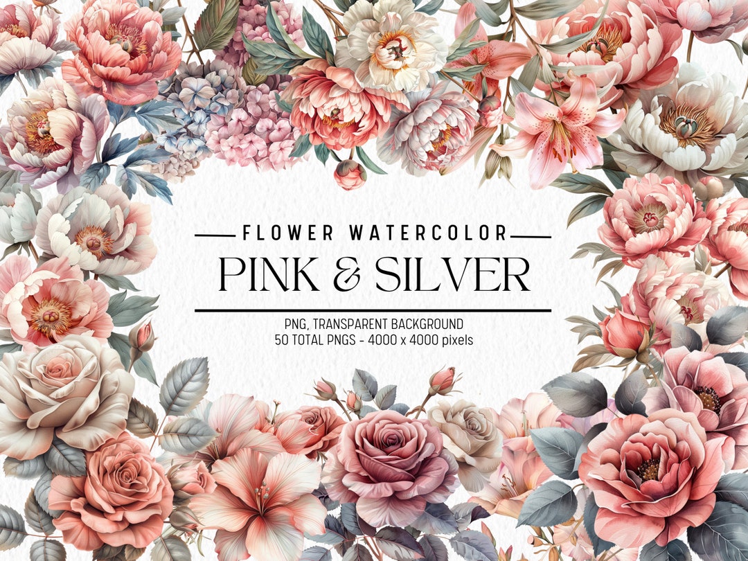 Watercolor Flower Clipart, Pale Pink & Silver Flowers Bundle ...