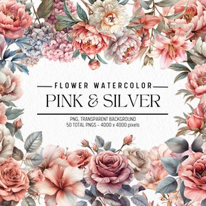 Watercolor Flower Clipart, Pale Pink & Silver Flowers Bundle ...
