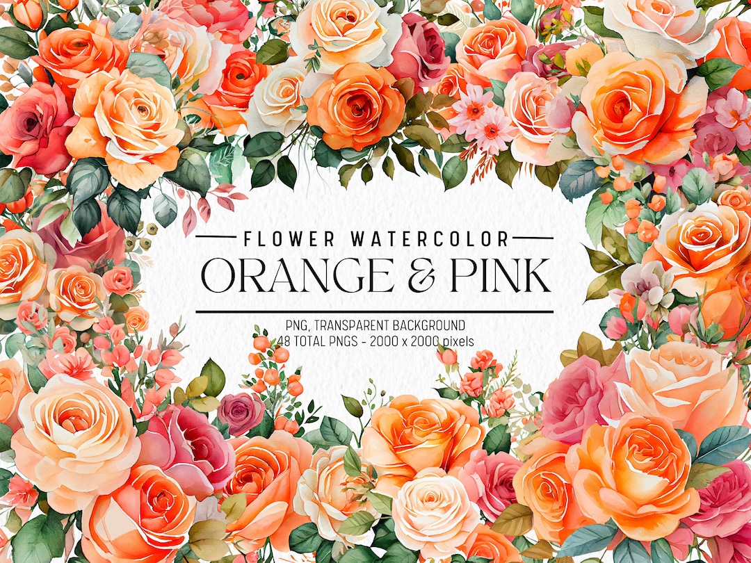 Watercolor Flower Clipart: Orange & Pink Floral PNG Bundle (commercial ...