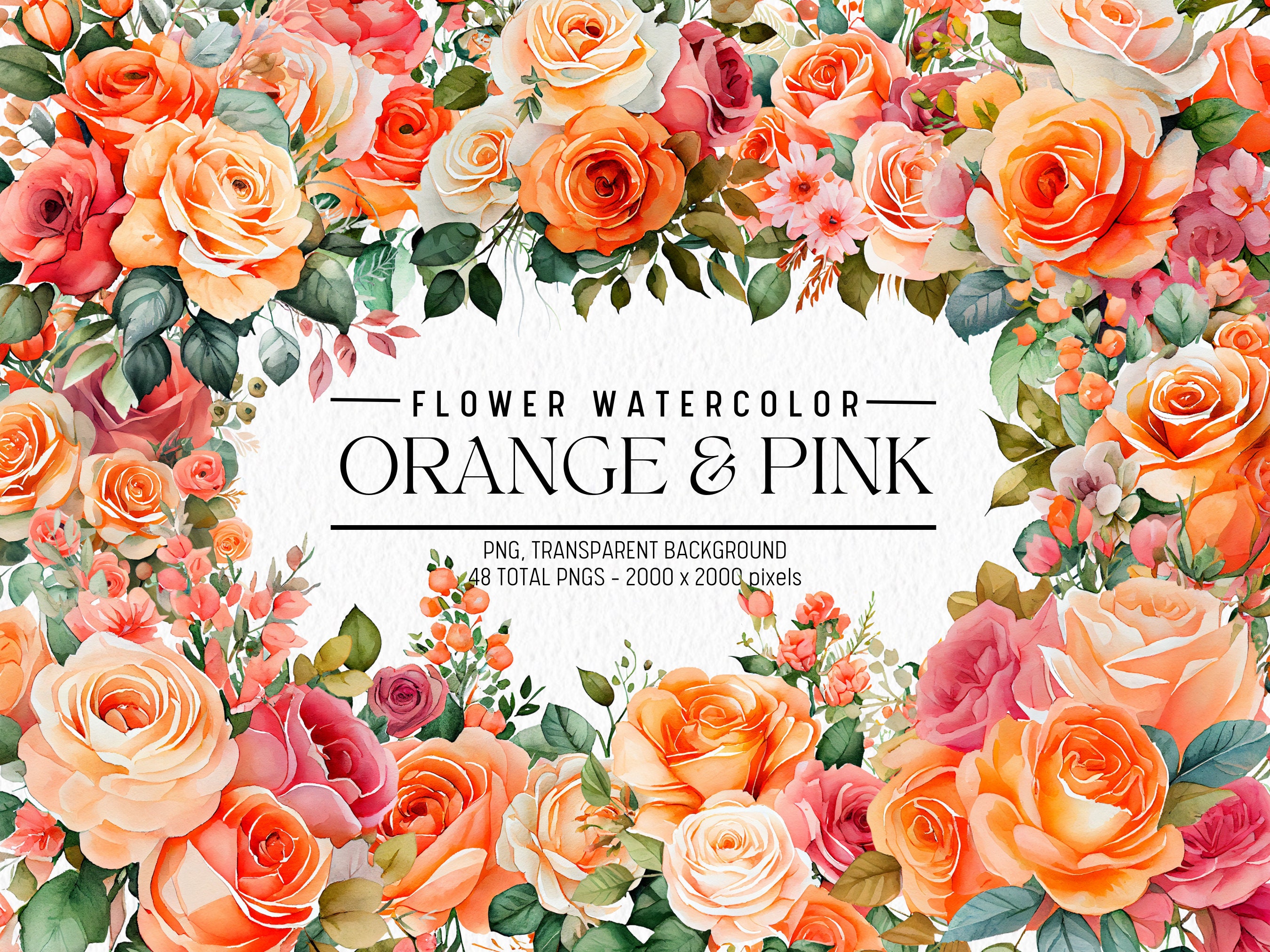 Watercolor Flower Clipart: Orange & Pink Floral PNG Bundle (commercial ...