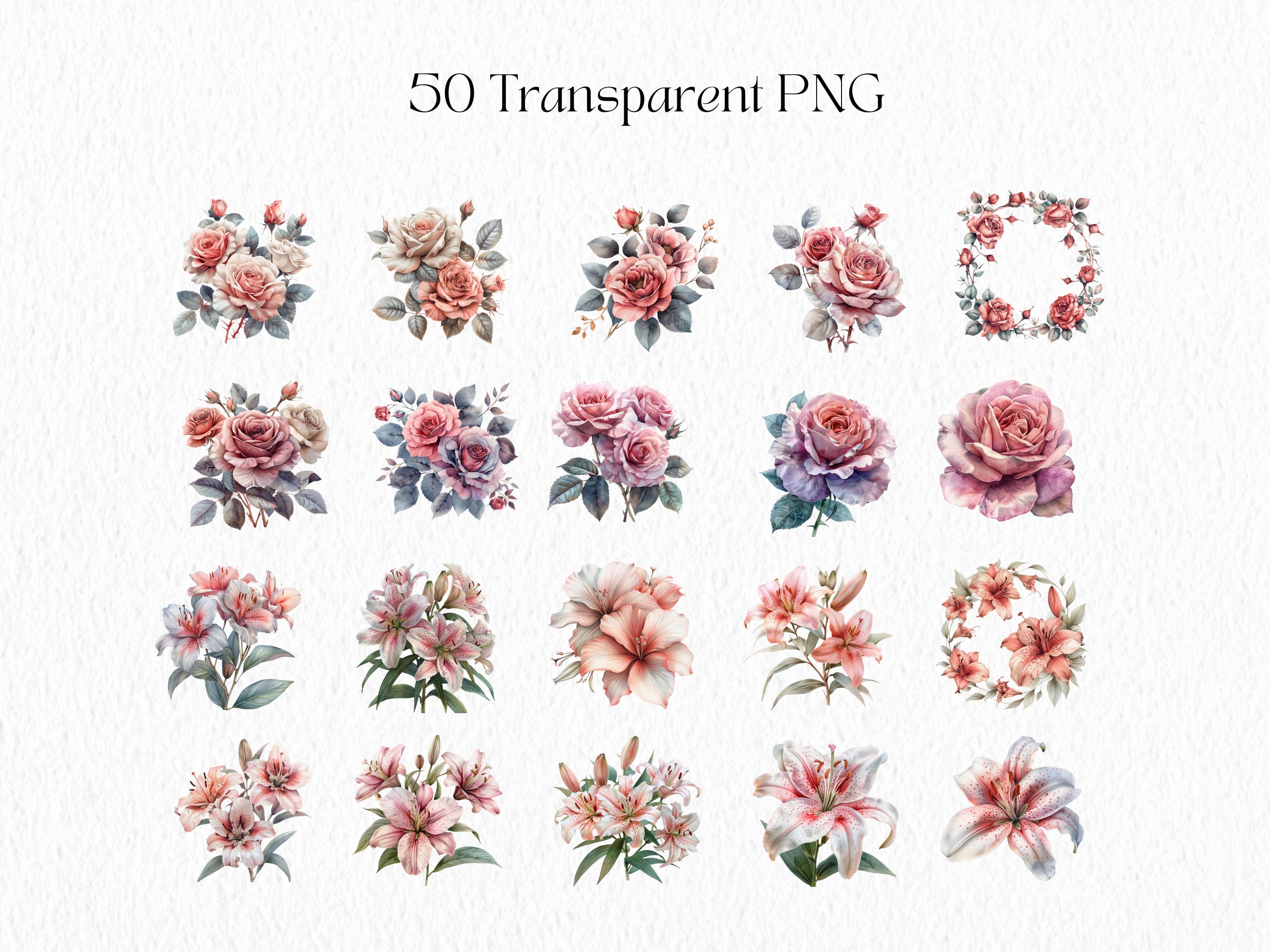 Watercolor Flower Clipart, Pale Pink & Silver Flowers Bundle ...