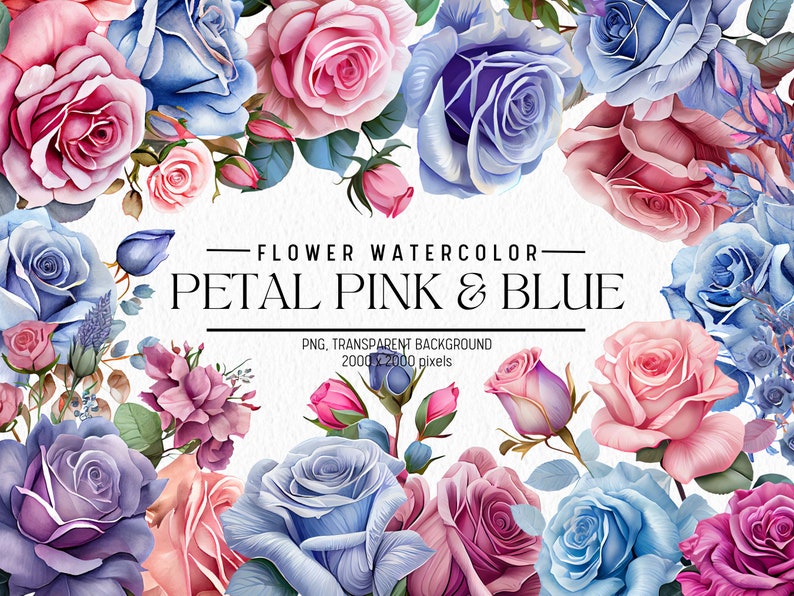 Watercolor Flower Clipart, Petal Pink and Blue Flowers Bundle ...