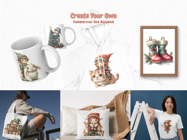 Cute Christmas Elves Watercolor Clipart, PNG, Cute Elf, Christmas Clip ...