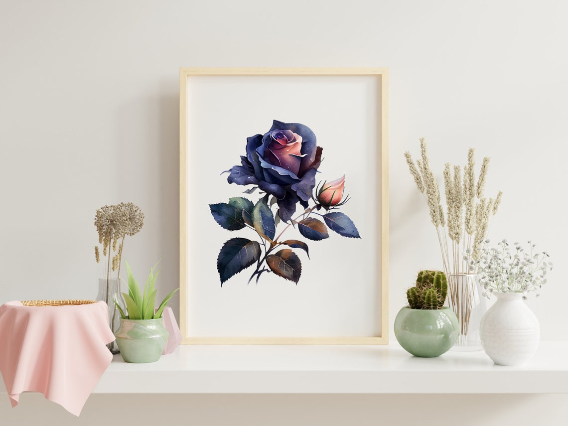 Watercolor Flower Clipart: Navy Blue & Pink Roses (PNG Digital Download ...