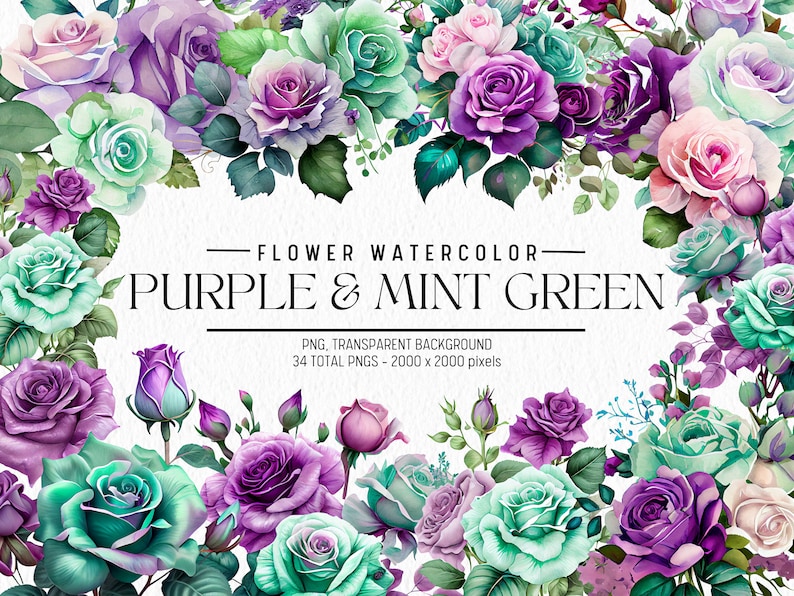 Watercolor Flower Clipart: Purple & Mint Green Floral PNG Bundle ...
