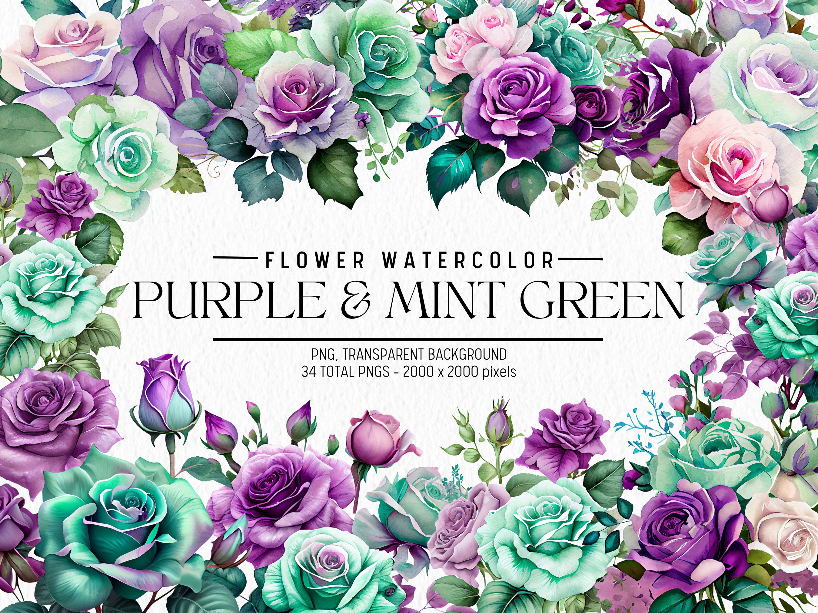 Watercolor Flower Clipart, Purple and Mint Green Flowers Bundle ...