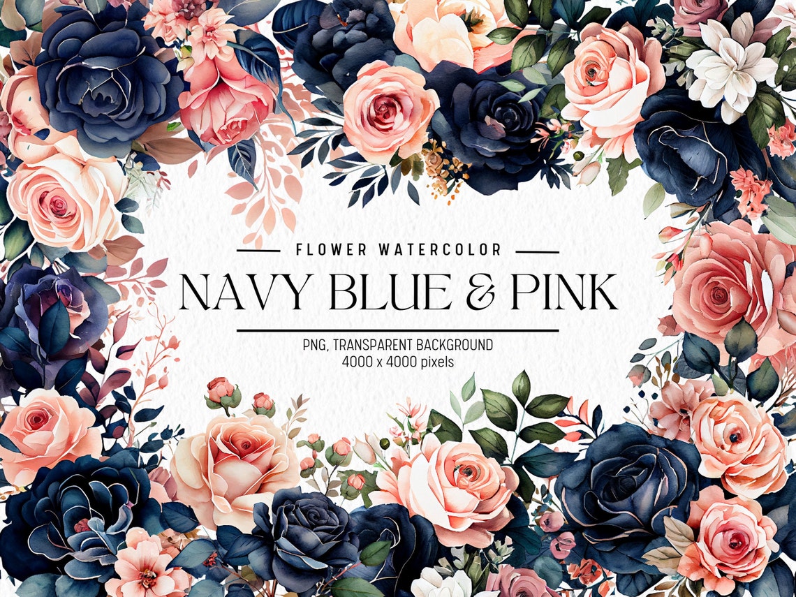 Watercolor Flower Clipart: Navy Blue & Pink Roses (PNG Digital Download ...