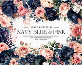 Watercolor Flower Clipart Navy Blue & Pink Roses Flowers - Etsy