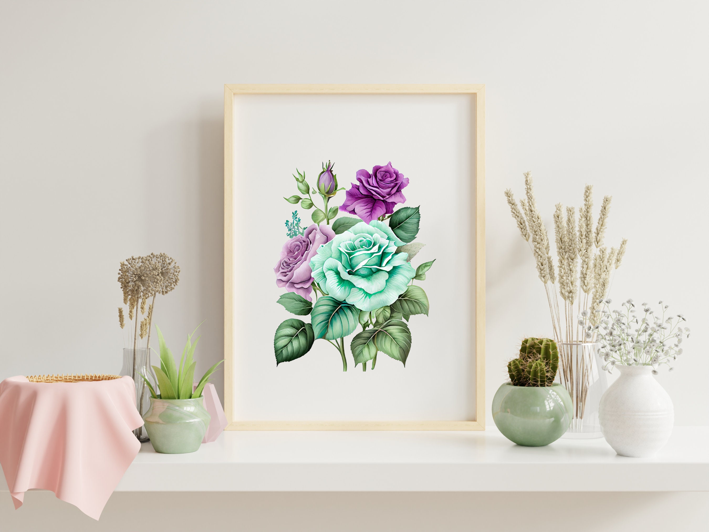 Watercolor Flower Clipart, Purple and Mint Green Flowers Bundle ...