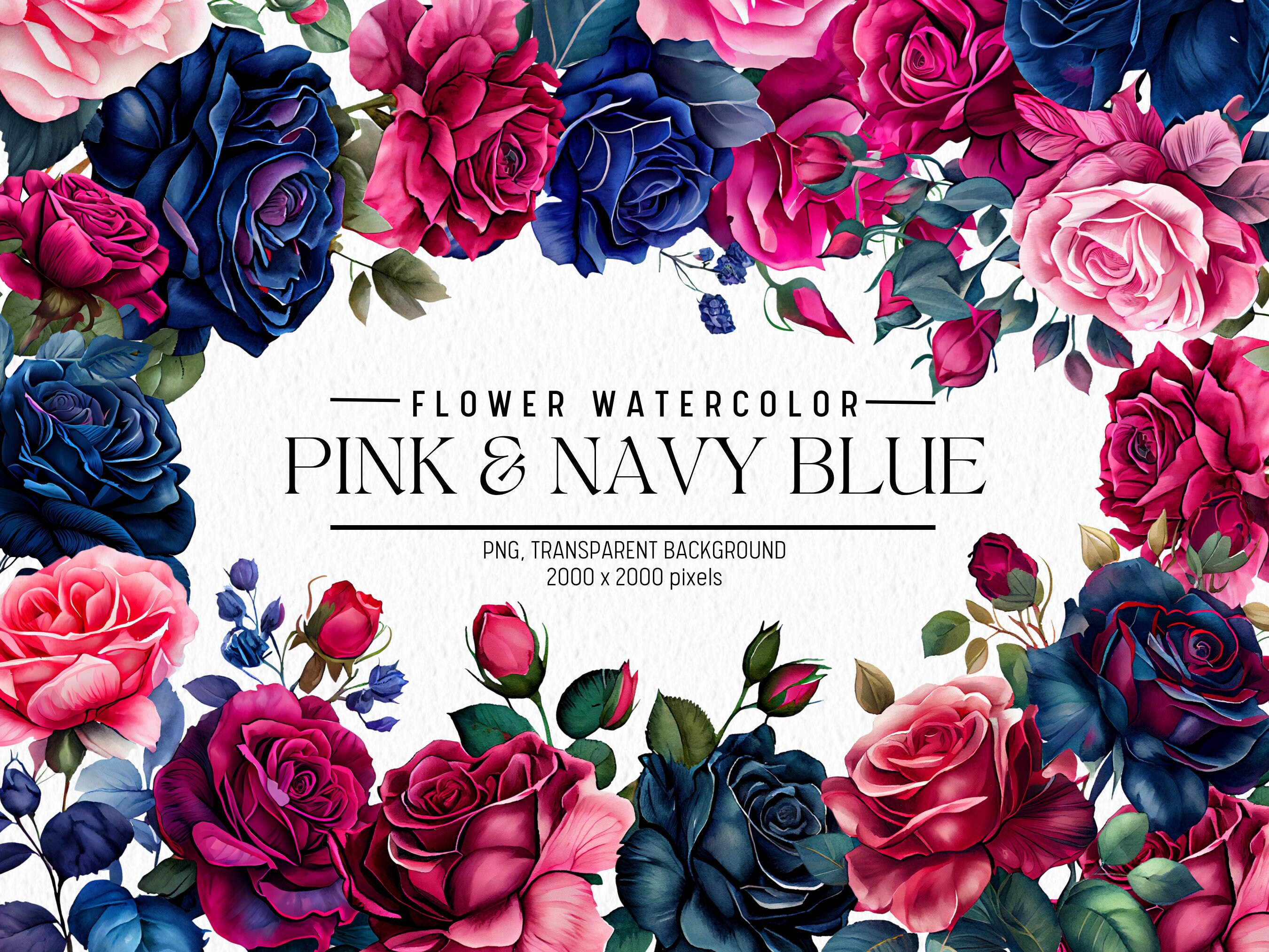 Watercolor Flower Clipart: Pink & Navy Floral PNG Bundle (commercial ...