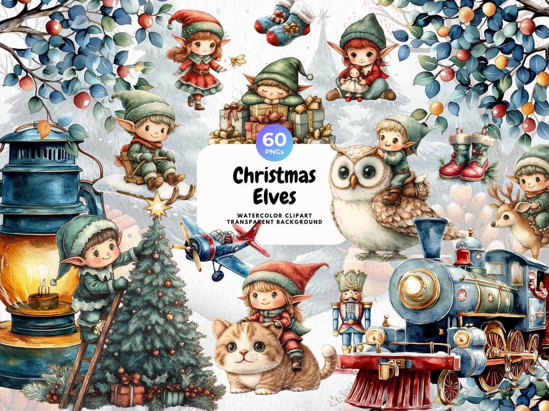 Cute Christmas Elves Watercolor Clipart, PNG, Cute Elf, Christmas Clip ...