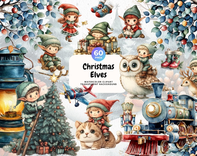 Cute Christmas Elves Watercolor Clipart, PNG, Cute Elf, Christmas Clip ...