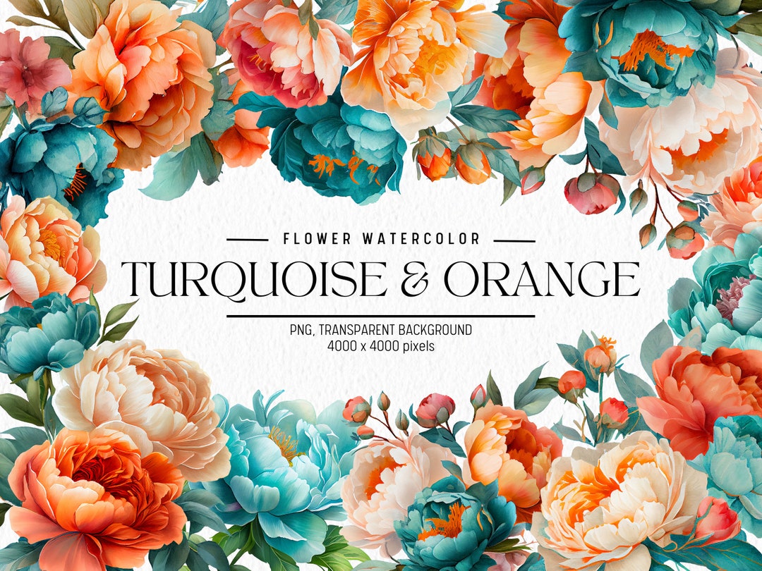 Watercolor Flower Clipart: Turquoise & Orange Floral PNG Bundle ...