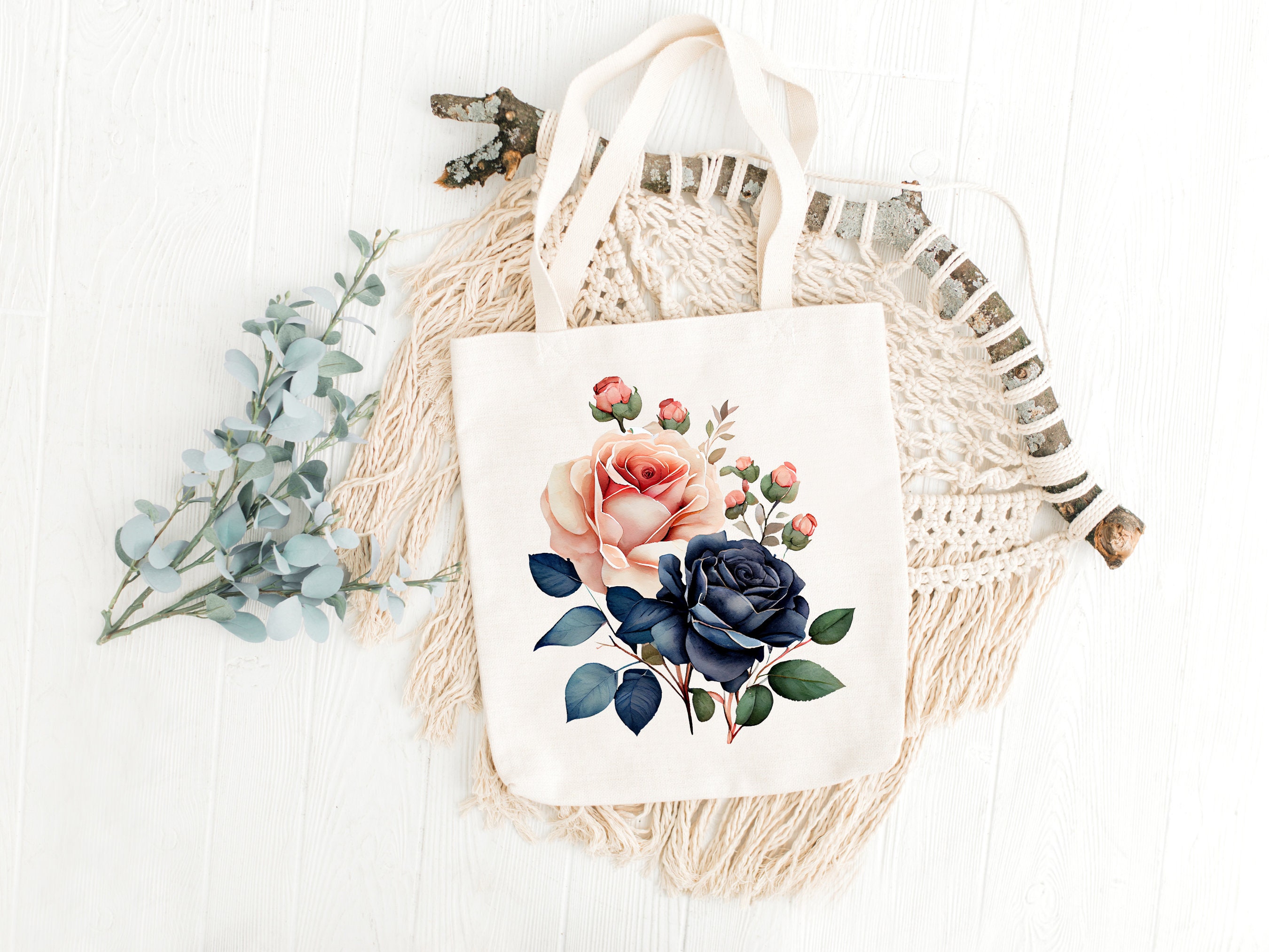 Watercolor Flower Clipart: Navy Blue & Pink Roses (PNG Digital Download ...