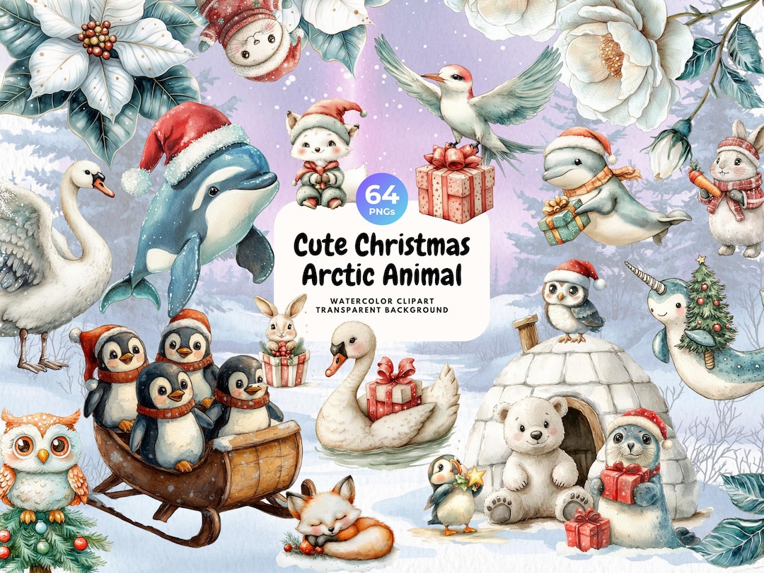 Cute Christmas Arctic Animal Watercolor Clipart, PNG, Cute Arctic ...