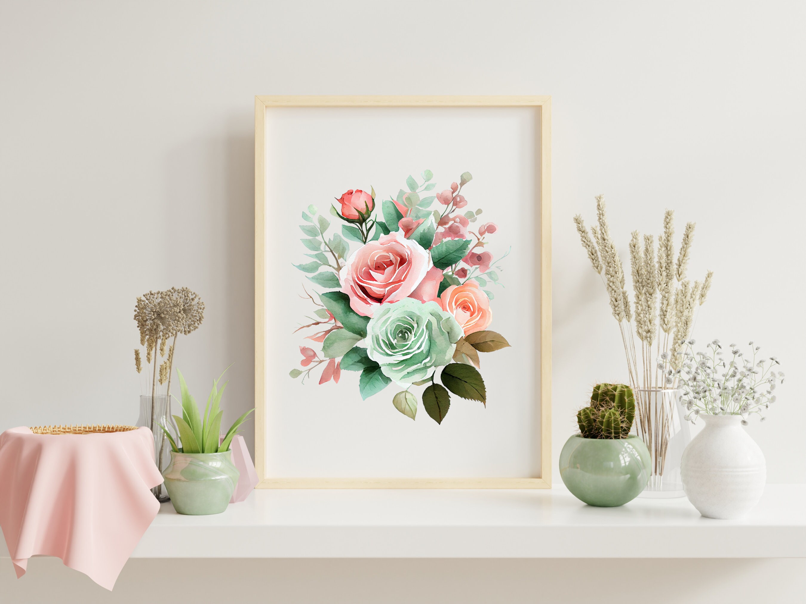 Watercolor Flower Clipart, Pink and Mint Green Flowers Bundle ...