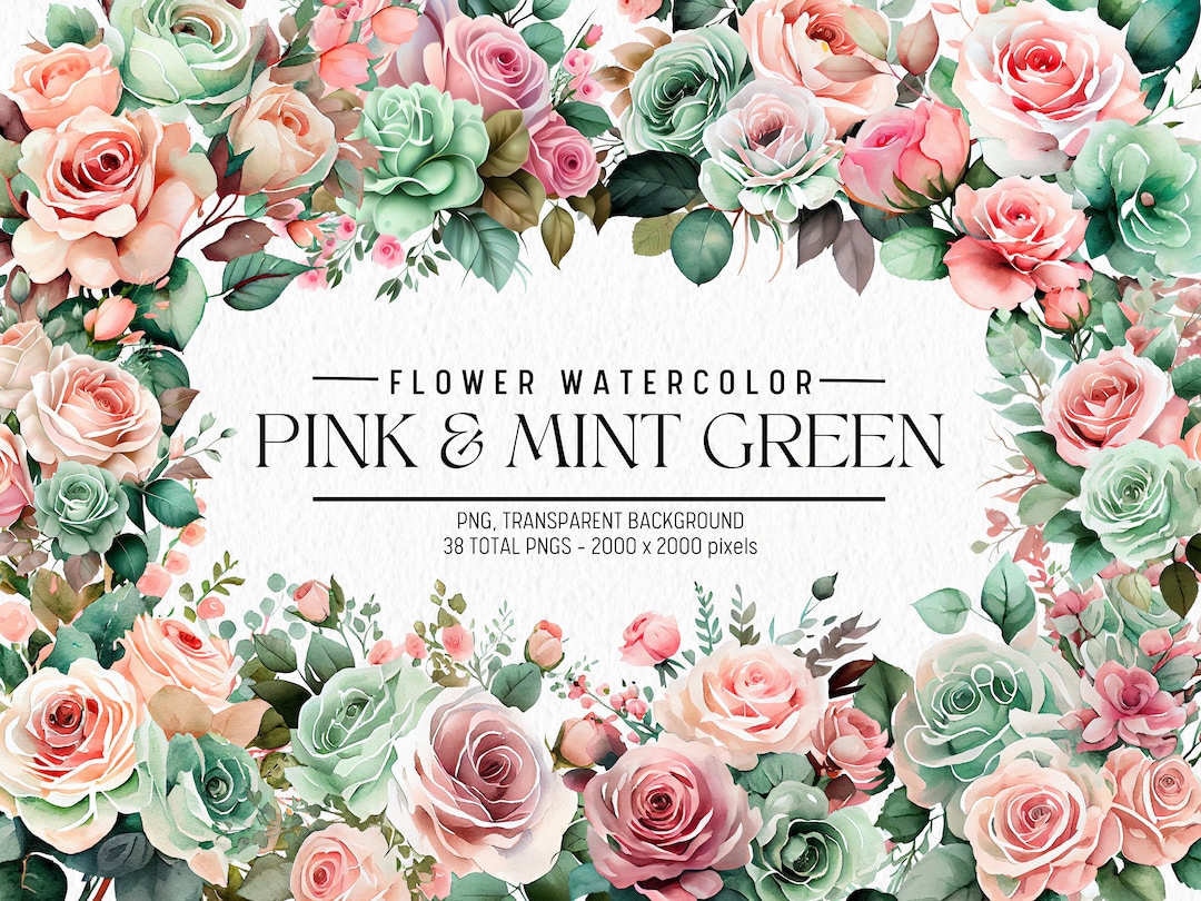 Watercolor Flower Clipart, Pink and Mint Green Flowers Bundle ...