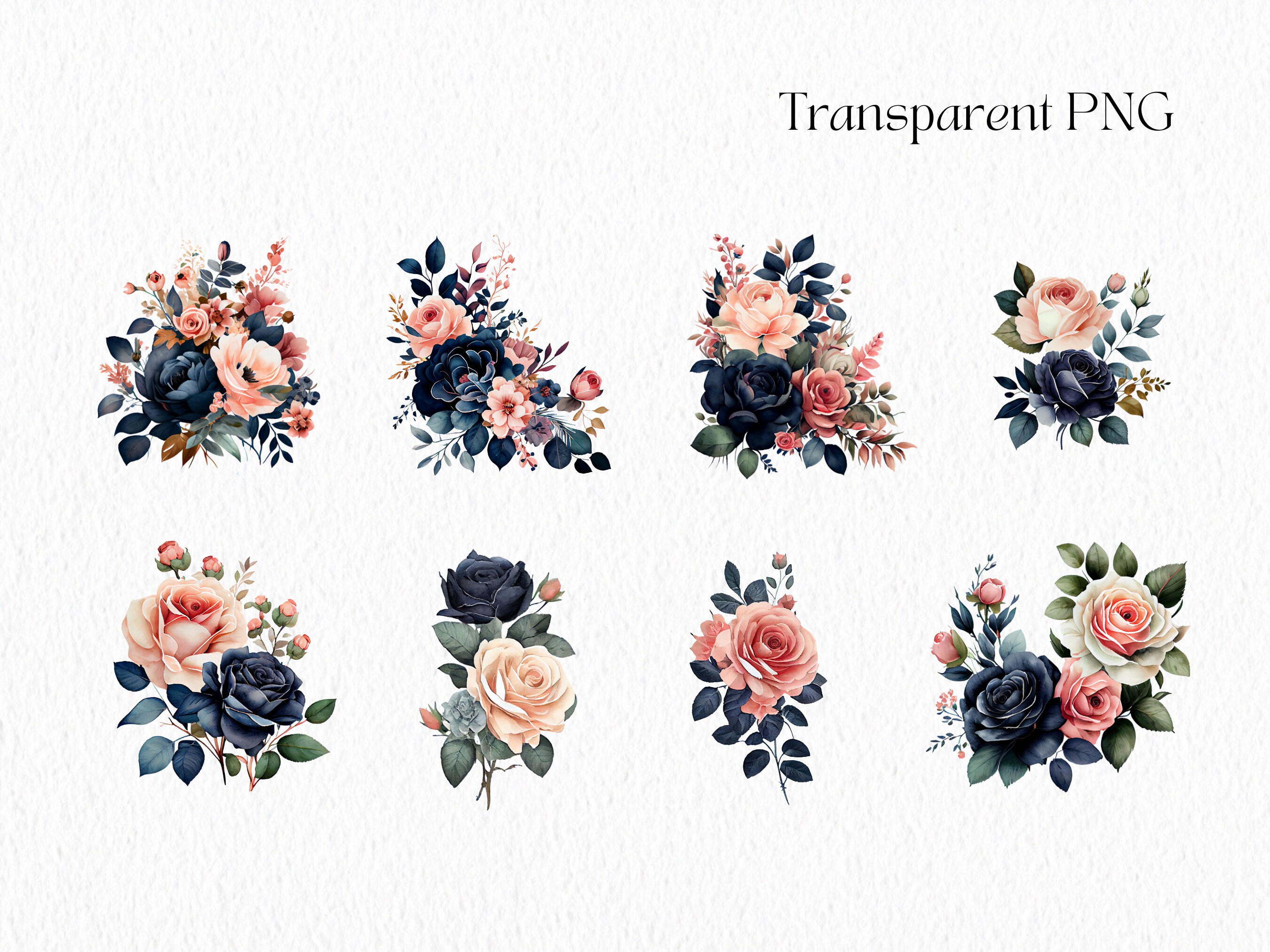 Watercolor Flower Clipart: Navy Blue & Pink Roses (PNG Digital Download ...