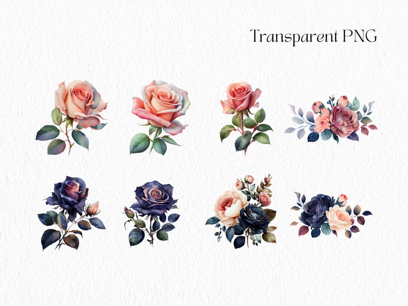 Watercolor Flower Clipart: Navy Blue & Pink Roses (PNG Digital Download ...