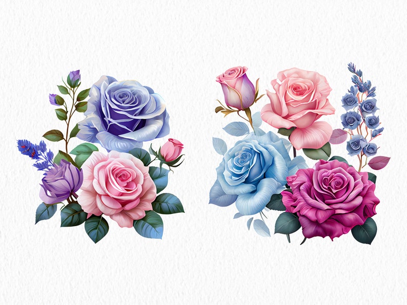 Watercolor Flower Clipart, Petal Pink and Blue Flowers Bundle ...
