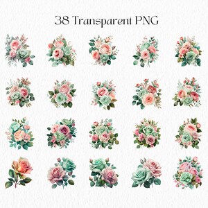 Watercolor Flower Clipart, Pink and Mint Green Flowers Bundle ...