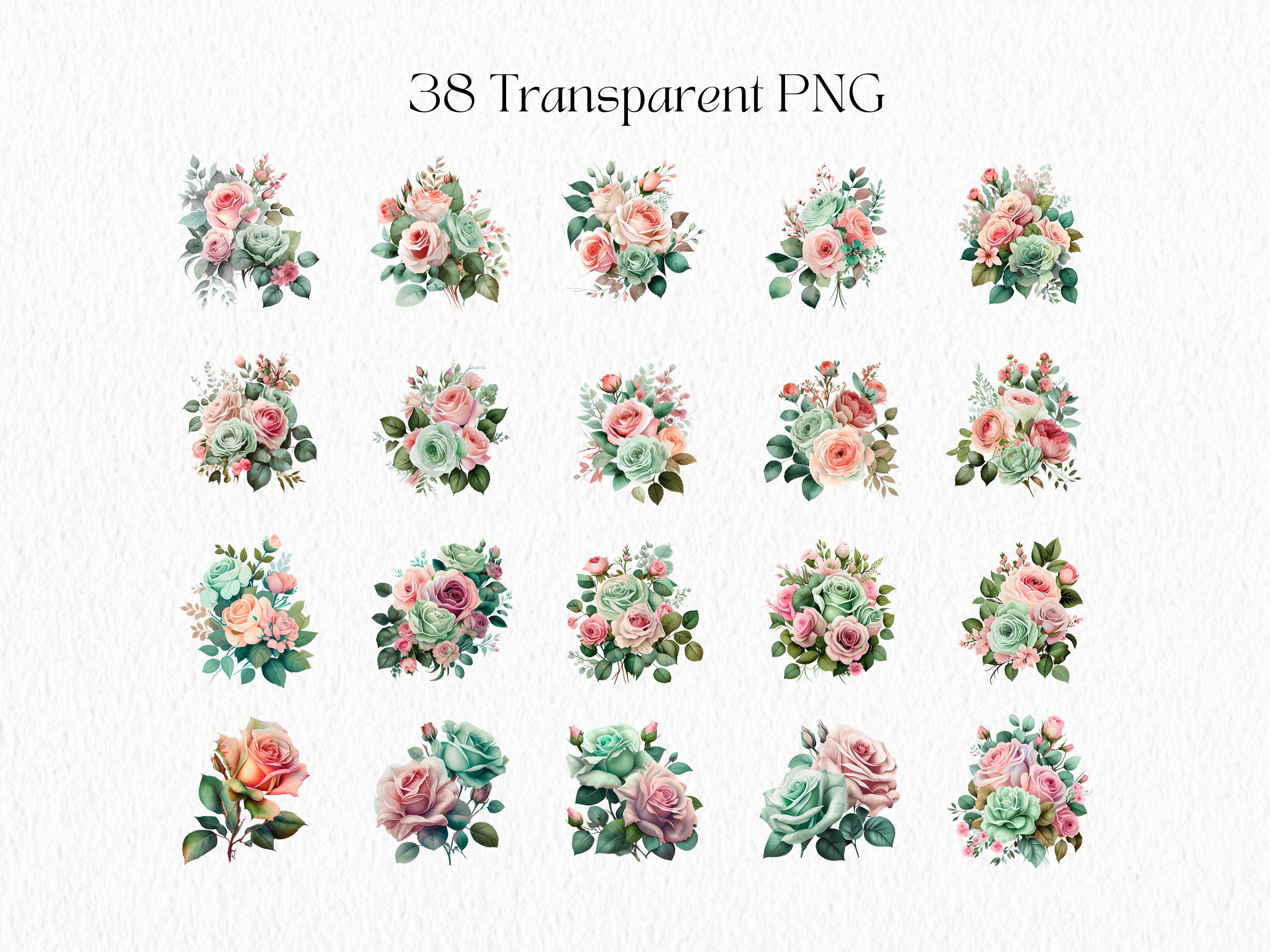 Watercolor Flower Clipart, Pink and Mint Green Flowers Bundle ...