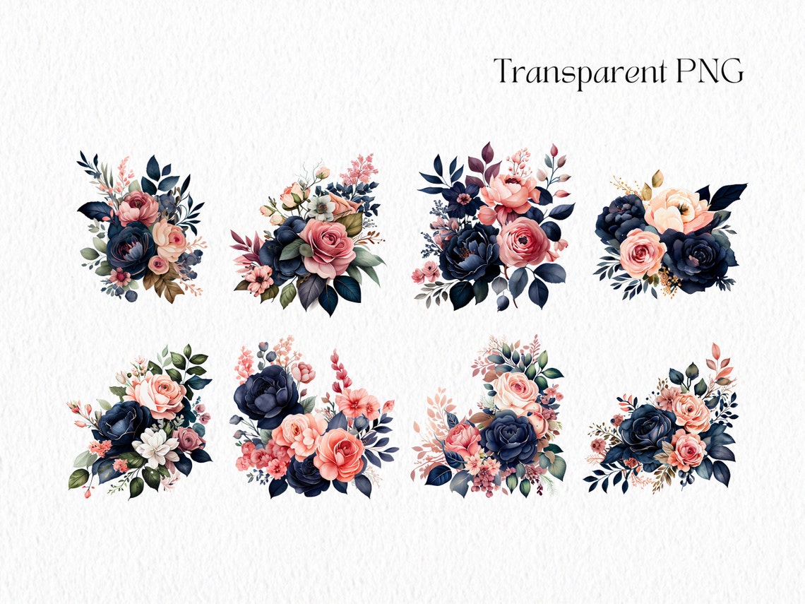 Watercolor Flower Clipart: Navy Blue & Pink Roses (PNG Digital Download ...