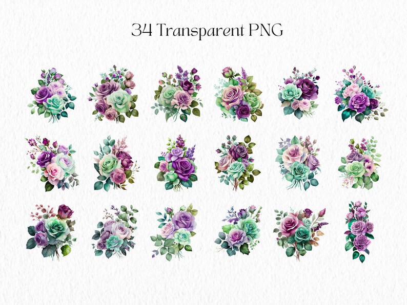 Watercolor Flower Clipart, Purple and Mint Green Flowers Bundle ...