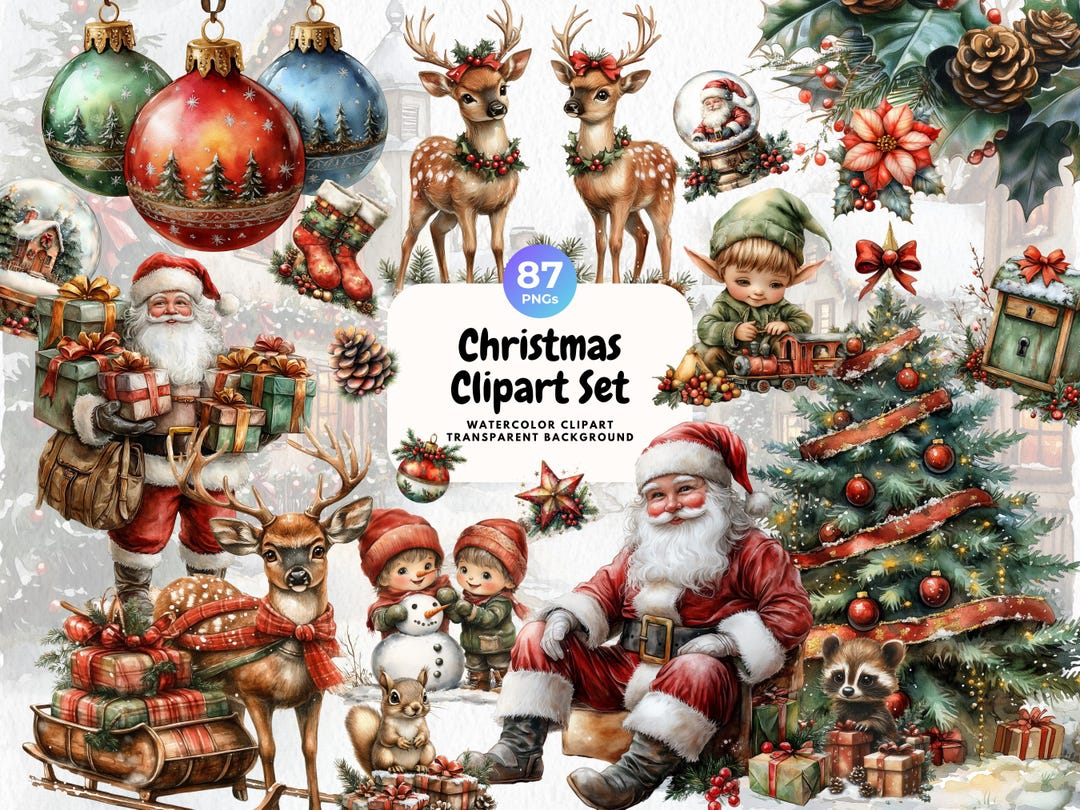 Christmas Set Watercolor Clipart, PNG, Christmas Clipart, Christmas ...