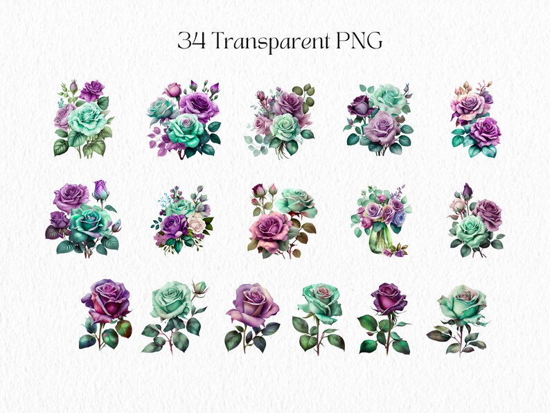 Watercolor Flower Clipart, Purple and Mint Green Flowers Bundle ...