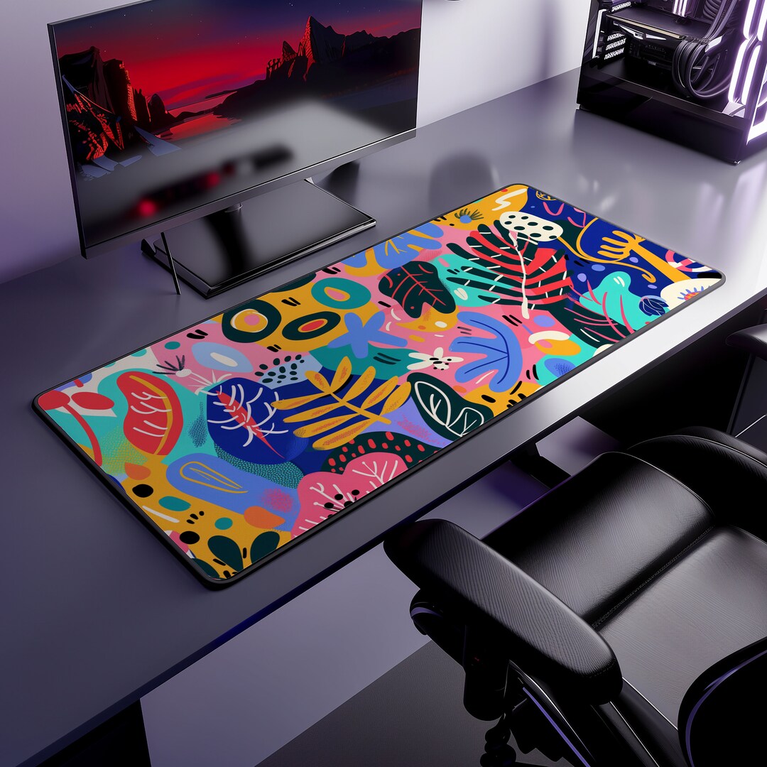Colorful Abstract Computer Desk Mat | Vibrant Leaves and Shapes Mouse ...