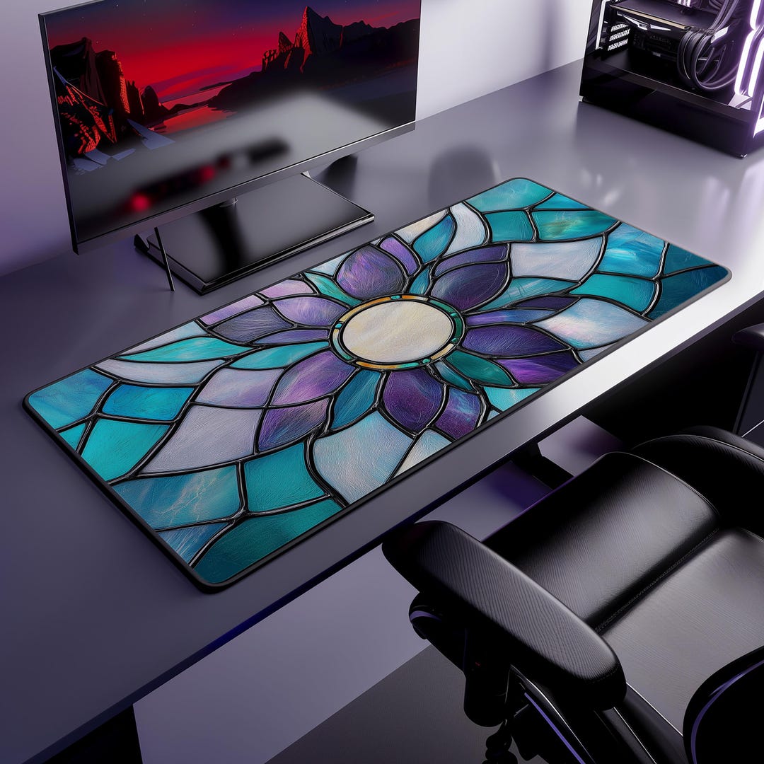 Stained Glass Desk Mat - Elegant Neoprene Desk Pad With Blue and Purple ...