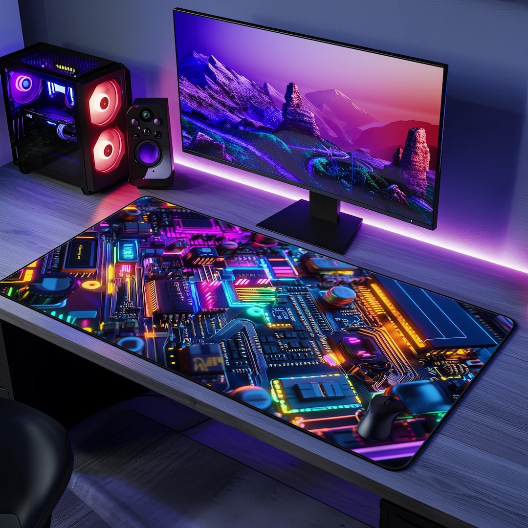 Hyper Neon Circuit Desk Mat | Neoprene | Anti-slip | Futuristic Tech ...