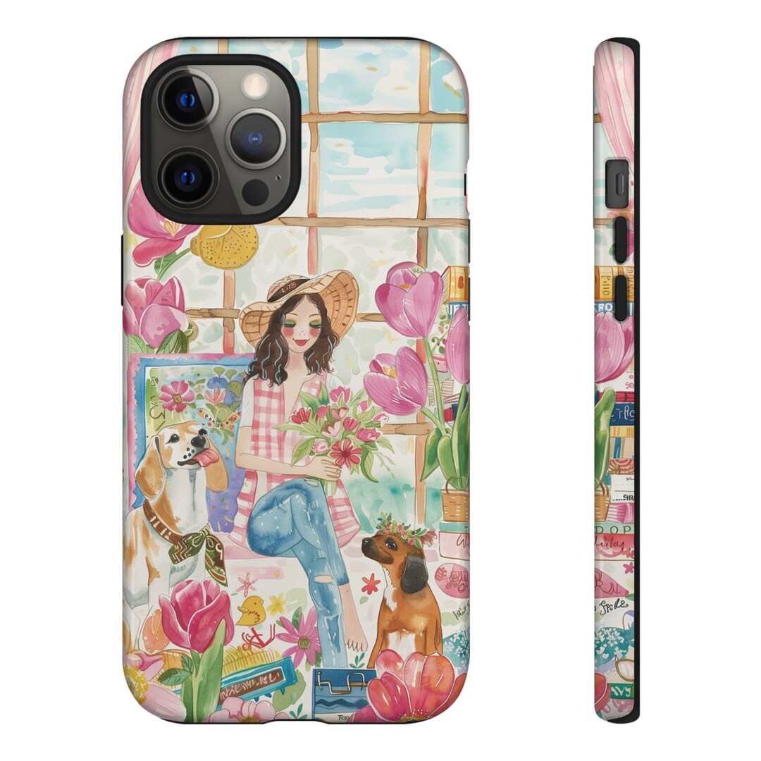 Spring Garden Phone Case - Floral Art Phone Cover With Woman and Dogs ...