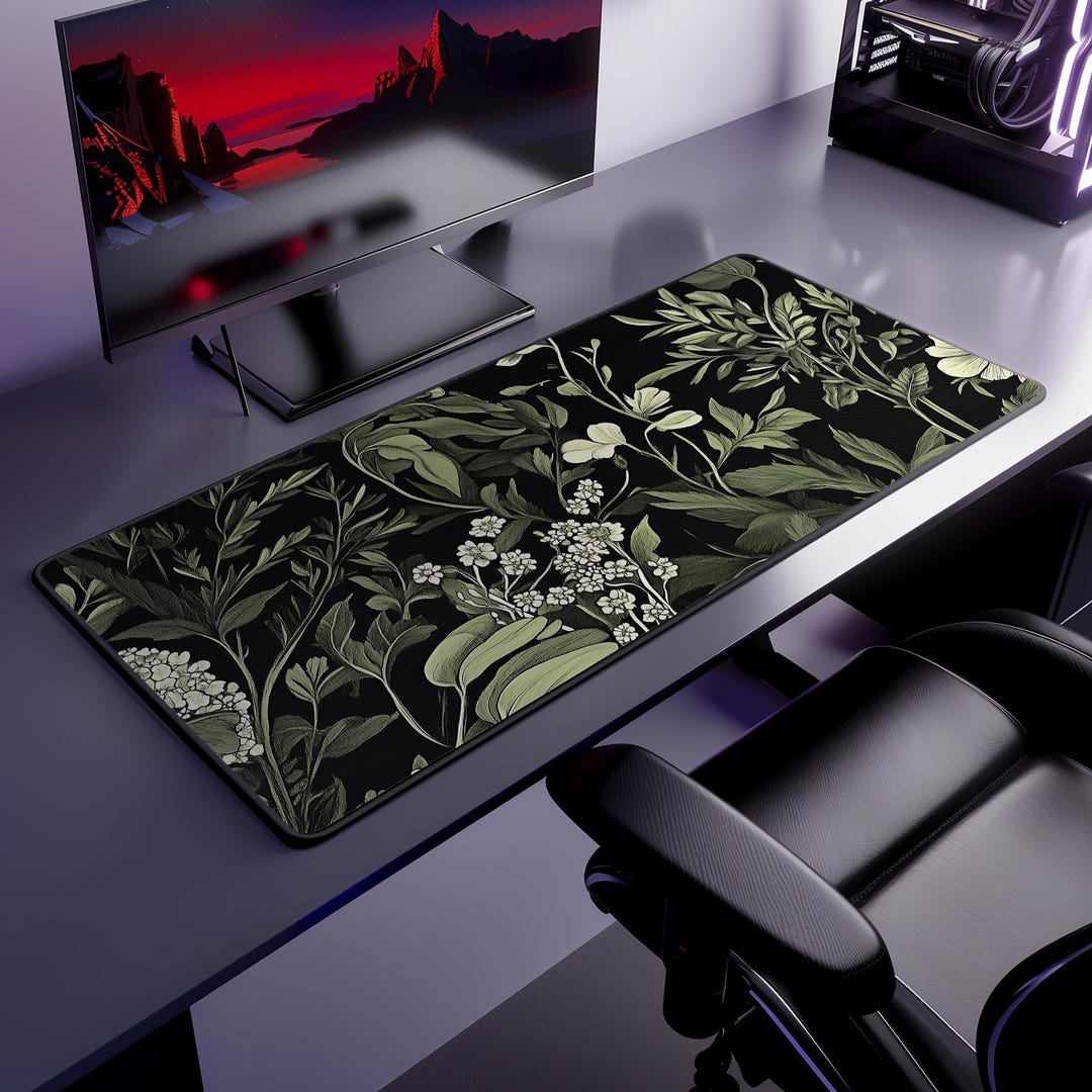Floral Desk Mat With Black Background - Neoprene Surface, Anti-slip ...