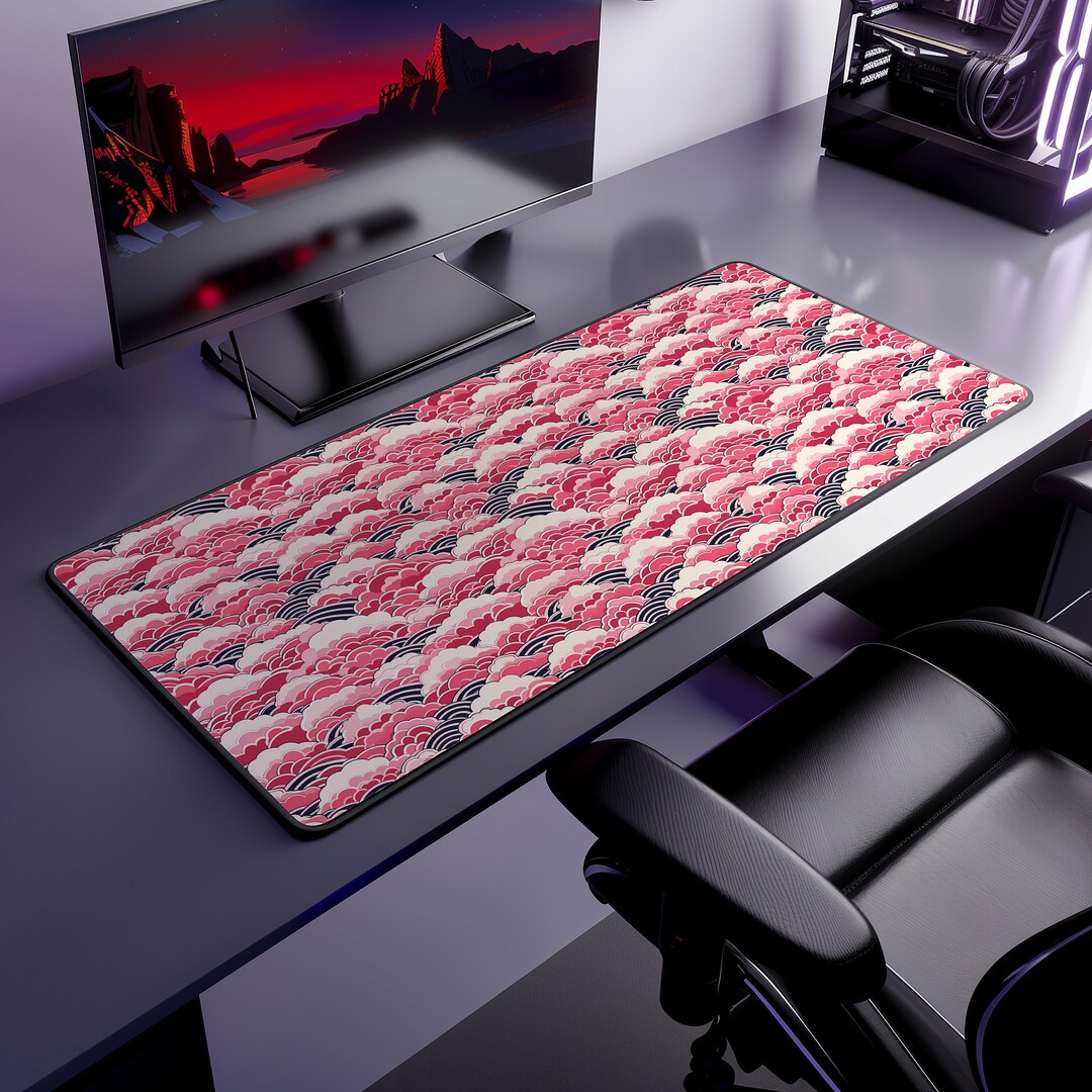 Japanese Pink Wave Pattern Desk Mat - Customizable Neoprene Anti-slip ...