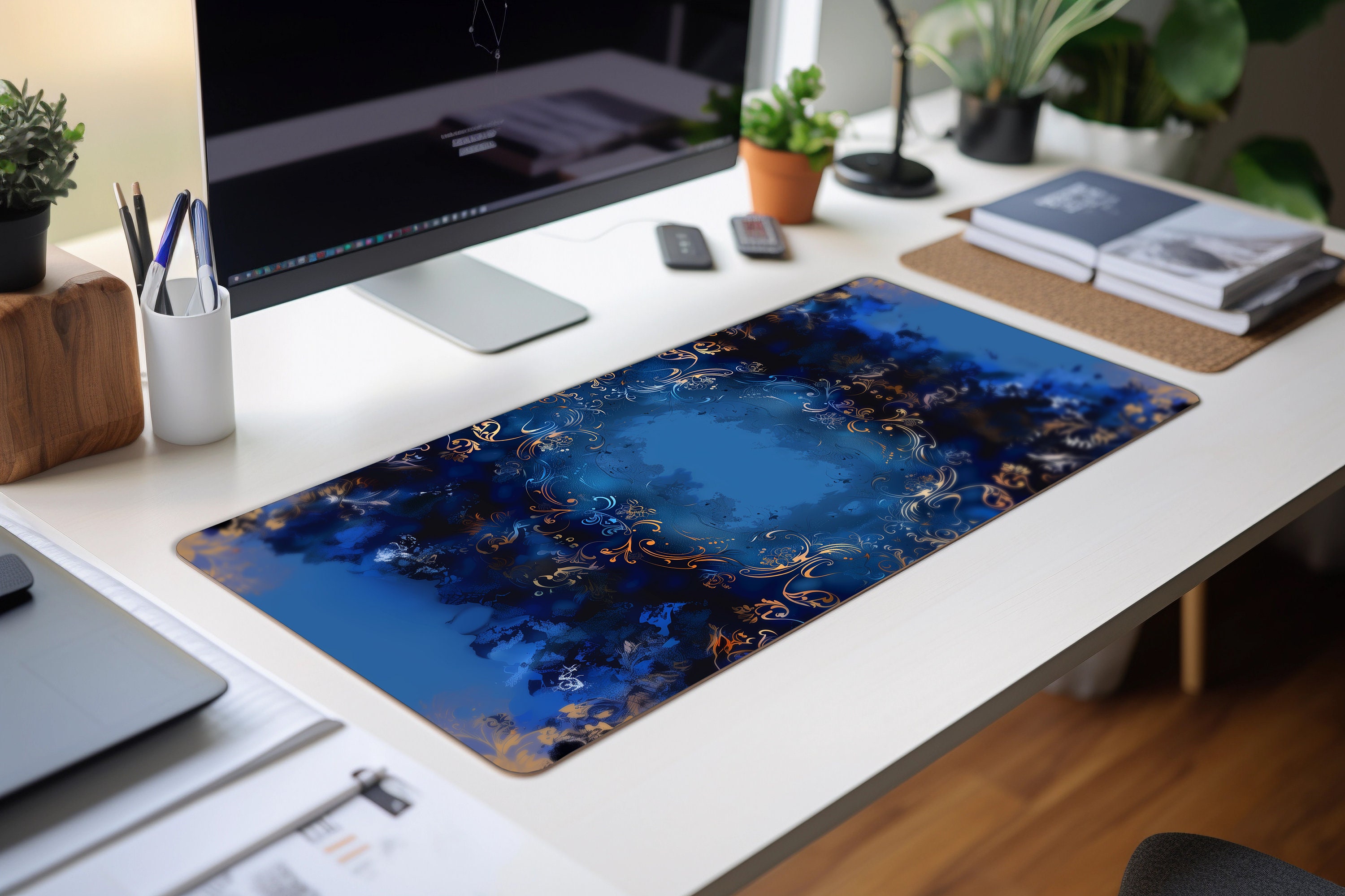 Elegant Blue Ornate Desk Mat | Vintage Design | Neoprene | Anti-slip ...