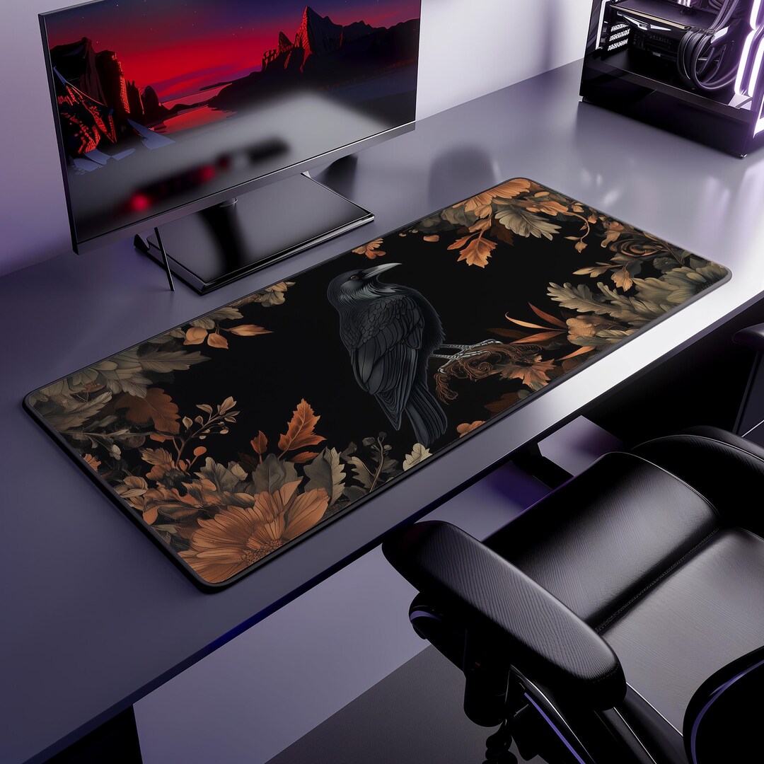 Raven and Floral Desk Mat - Autumn Botanical Design on Black Background ...