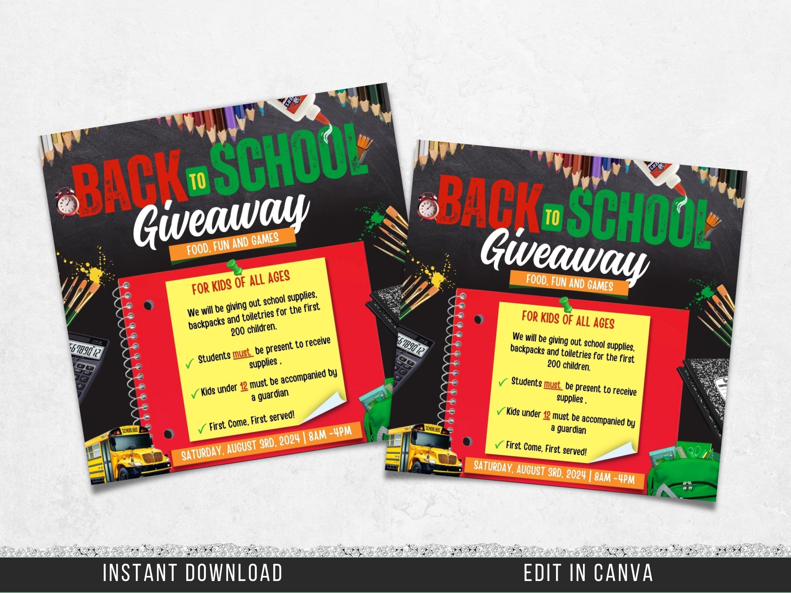 Back to School Giveaway Flyer, Printable Back 2 School Flyer, DIY ...