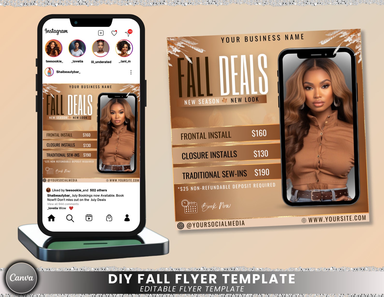 Fall Premade Lash Hair Nails Braids Wigs Makeup Flyers, Fall Booking ...