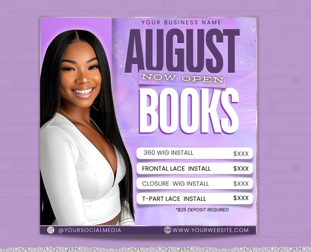 August Booking Flyer Template, Purple Premade Hair Booking Flyer ...